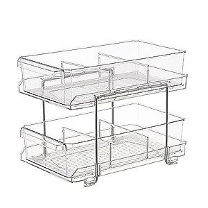 YESBAY Pull Out Organizers and Dividers Desktop Rack Double Layer with Dividers Pull-Out Design Multi-Purpose Stackable Trays Under Sink Closet Organizers Home for Kitchen Bathroom Cabinet Clear
