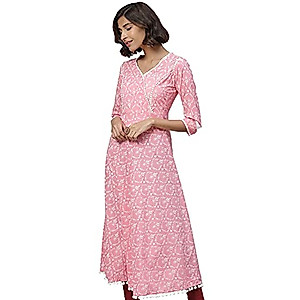 Yash Gallery Women's Cotton Floral Print Anarkali Kurtis (Light Pink)