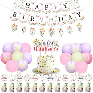 Fangleland She is A Wildflower Theme Birthday Decorations for Girls - Daisy Macaroon Pastel Balloons, Happy Birthday Banner, Cake Cupcake Toppers - Floral Baby Shower Party Decors Supplies