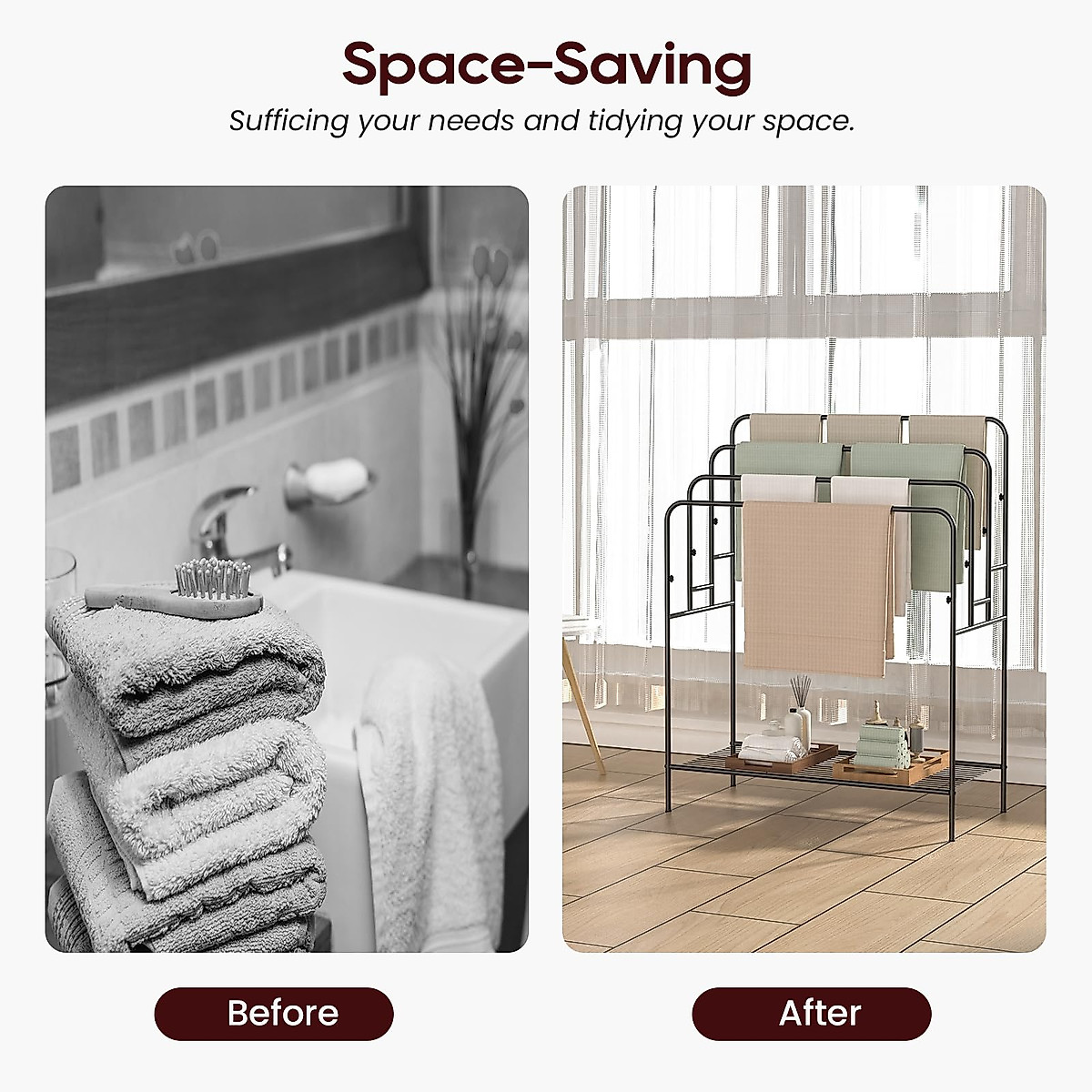 WeGXY 44" Extra Large Free Standing Towel Rack - 4 Tier Outdoor Pool Towel Holder, Versatile Blanket and Quilt Rack Stand for Living Room, Bathroom, Bedroom, Beach, Hot Tub, Gym and Pool Area Outside