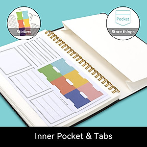 Alltree Lined Journal Notebook, Spiral Notebook for Work, Leather Hardcover Spiral Notebook with Tabs, Pen Loop, Pocket, Stickers, 160 Pages, Journal for Women & Men, Black(6"x8.5")