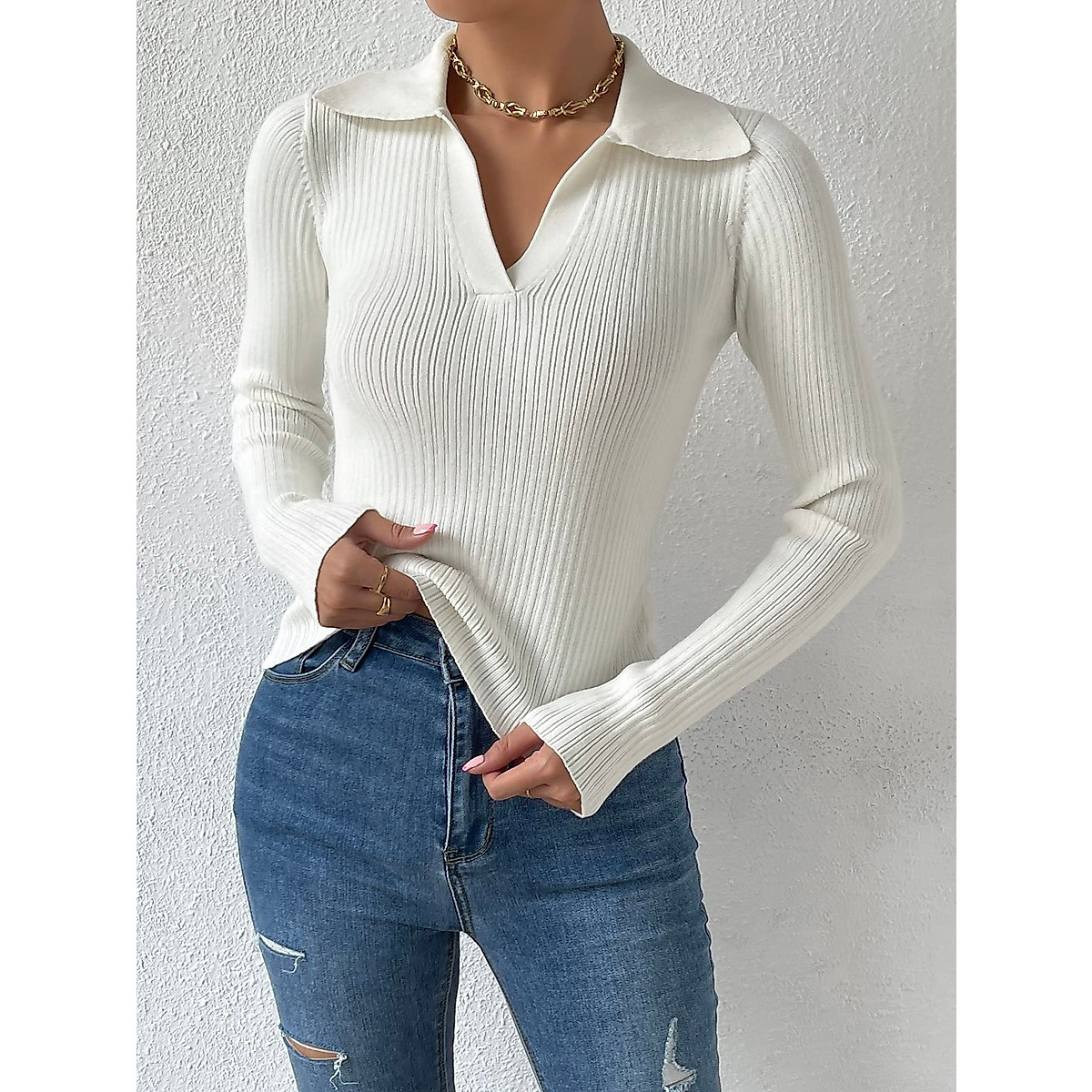 SHENHE Women's Casual V Neck Long Sleeve Knitted Pullover Polo Sweater Jumper Tops White L