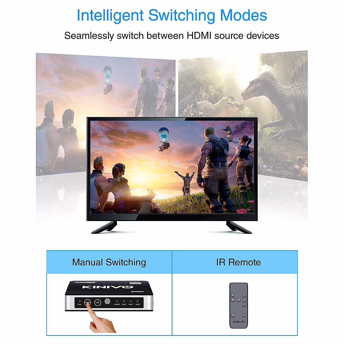 Kinivo HDMI Switch with Audio Extractor 360BNT (3 in one out, Toslink Optical Audio Port, SPDIF, 4K 60Hz, High Speed 18Gbps, IR Remote) - Compatible with Roku, PS5, Xbox, Apple TV, Dolby Digital/Atmos