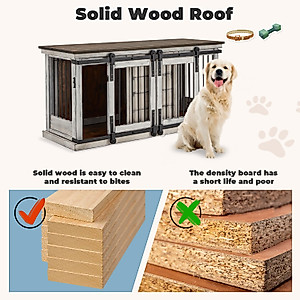 MELLCOM Large Wooden Dog Cage, Durable and Bite Resistant, Spacious with Dividers, Sliding Barn Door Design, White and Brown