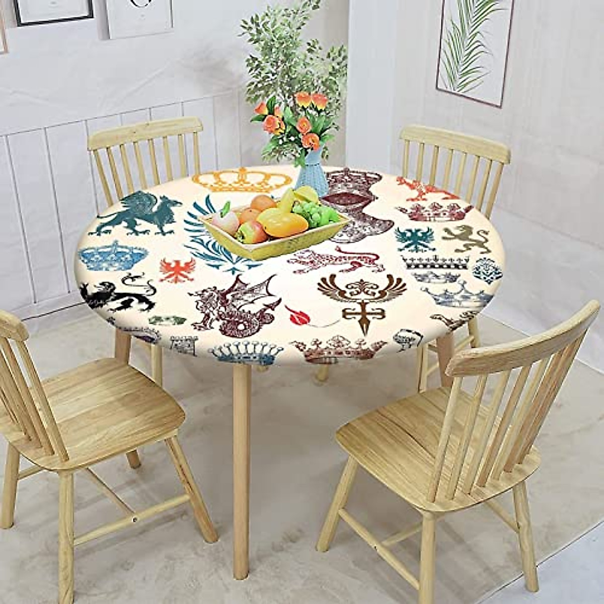 Medieval Round Fitted Tablecloth Cover,Renaissance Icons Retro Style Baroque Elastic Edged Polyester Fitted Table Cover, XXLarge, Fit Round Tables up 65"-71" Diameter, for Outdoor Indoor Use