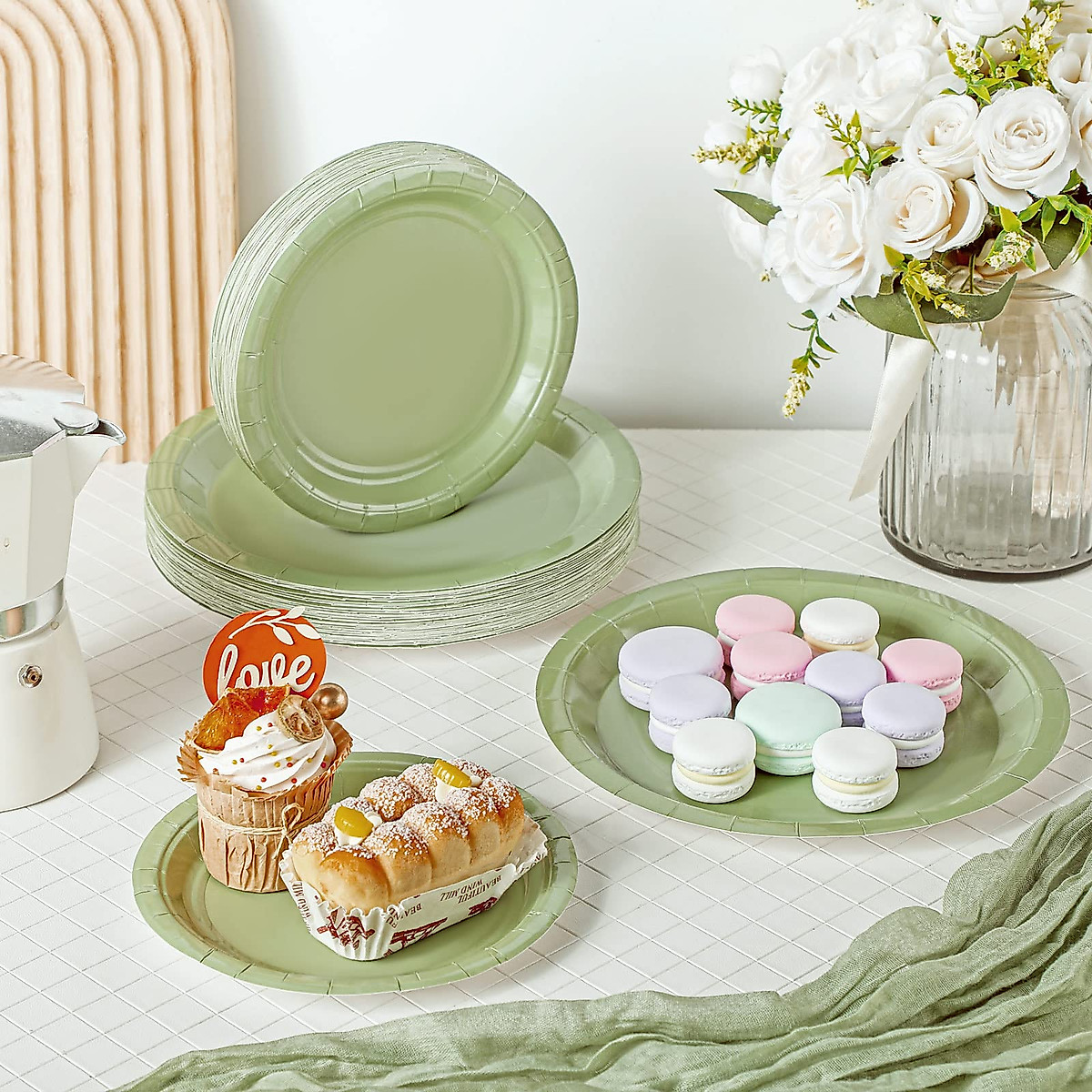 Roshtia 100 Pcs Sage Green Disposable Plates Green Paper Plates Disposable Dessert Plates Bulk 7 Inch 9 Inch Disposable Paper Plates Set Decoration for Wedding Engagement Bridal Shower