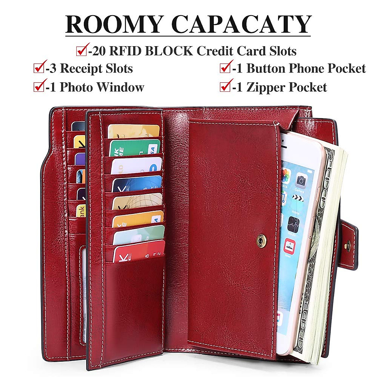 SENDEFN Long Women Leather Wallet Clutch RFID Blocking Clutch Card Holder Ladies Purse Zipper Pocket with Gift Box (Red)