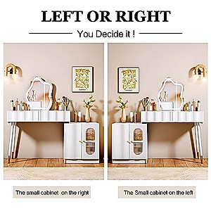 Chrangmay Modern Vanity Desk with Mirror and LED Lights,Retractable Makeup Vanity with 2 Wave Drawers & Cabinet,Writing Desk,for Bedroom,Bathroom, Gift for Girls and Women,White