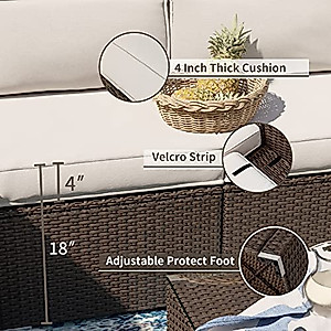 SUNBURY 5-Piece Outdoor Sectional Wicker Sofa in Off White Cushions, Brown Wicker Patio Furniture Set w Glasstop Table for Backyard Garden Porch
