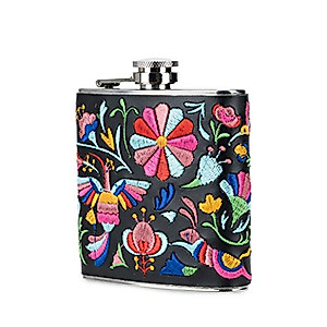 Blush Black Floral Embroidered Flask - Pocket Leather Flask Purse for Women, Whiskey Drinking Flasks, Small Thin Metal Stainless Steel Flasks for Liquor for Women, Wine Accessories - 6 oz, Black