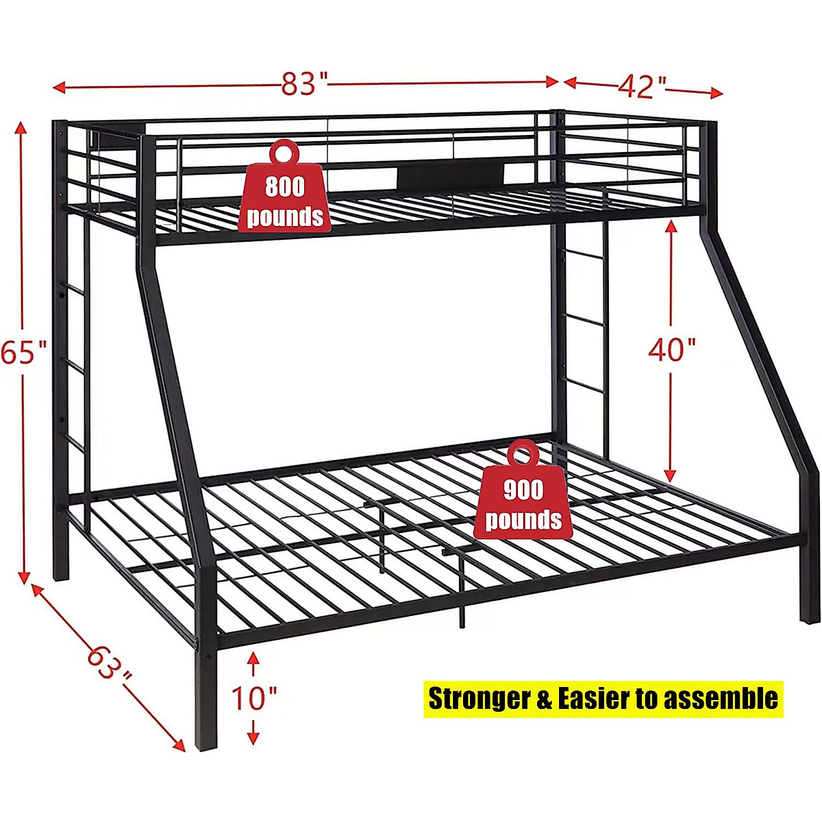 SIGONE Stronger and Safer Metal Bunk Bed Twin XL Over Queen Size Black Heavy Duty Thicken Safer More Stable Steel Bunk Queen Bed with Reinforced Legs and Ladder, Easier Assembly (Twin XL Over Queen)