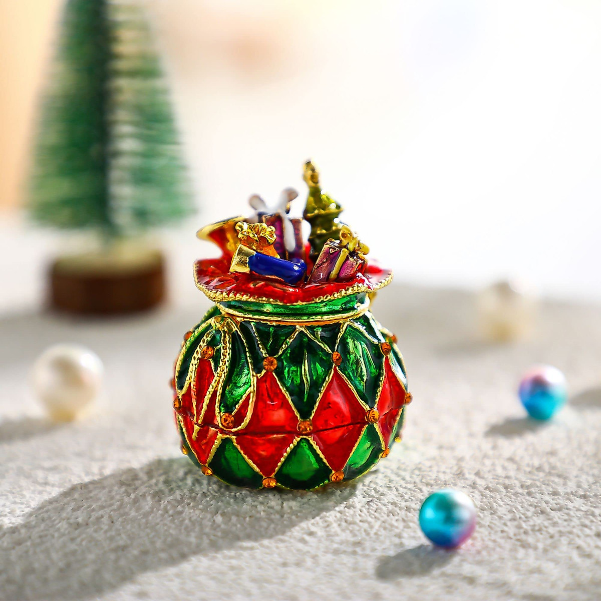 YU FENG Jeweled Christmas Trinket Boxes Hinged Xmas Decoration Ball Ornament Enamel Jewelry Ring Box