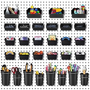 Roowest 60 Pcs Pegboard Cups Pegboard Bins Set, Pegboard Wall Organizer with Hooks and Loops, Peg Hooks Assortment Organizer Accessory for Office Storage Garage Craft Workshop (Black)