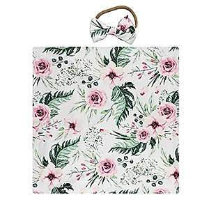 Terriboo Newborn Receiving Blanket and Headband Set Flower Print Baby Swaddle Wrap Floral (Pink)