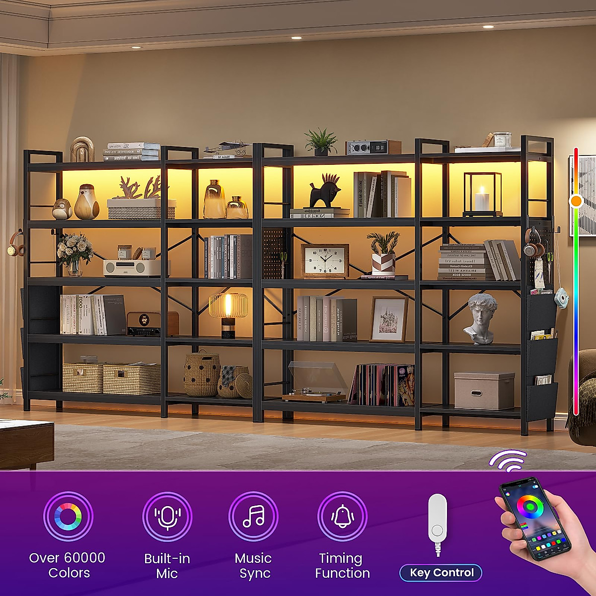 SEDETA 5 Tier Corner Bookshelf, Modern Corner Bookcase, Convertible Bookshelf with Storage Bag, Pegboard & LED Light, Tall Bookshelves for Bedroom, Living Room and Home Office, Black