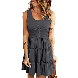Dokotoo Beach Vacation Clothes for Women 2025 Summer Sun Dress Smocked Empire Waist Ruffle Tiered Casual Mini Button Down Dresses Sexy T Shirt Short Dress Boho Sundress Cruise Outfits Grey Medium