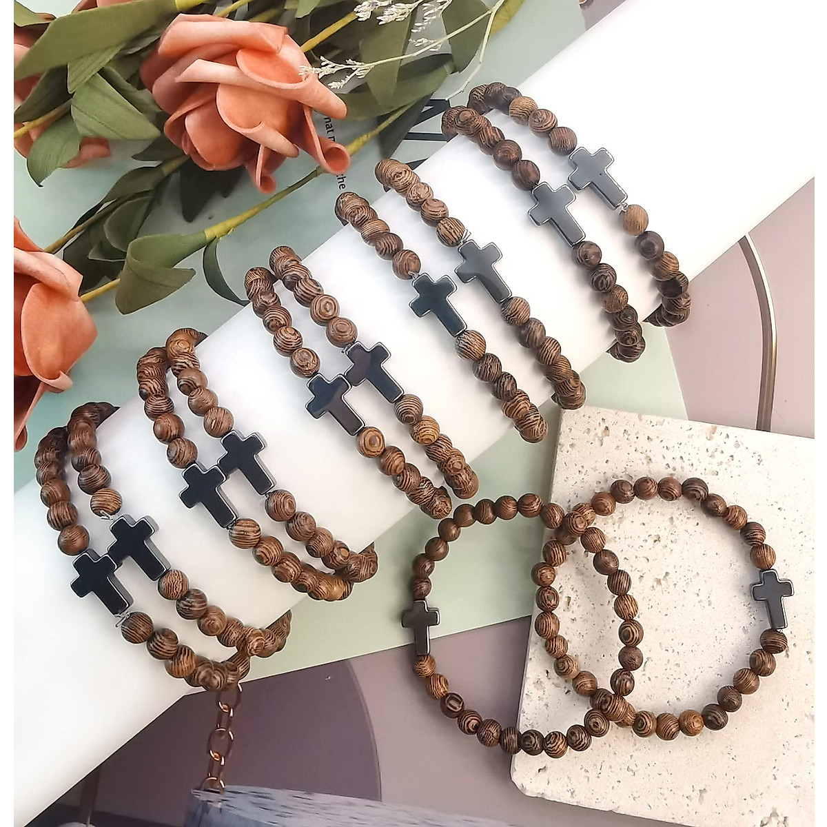 FIRAZIO 12Pcs Christian Prayer Beads Bracelet for Women Mens Wooden Beads Cross Bracelet Religious Mala Beaded Bracelets Fashion Jewelry 6mm/8mm