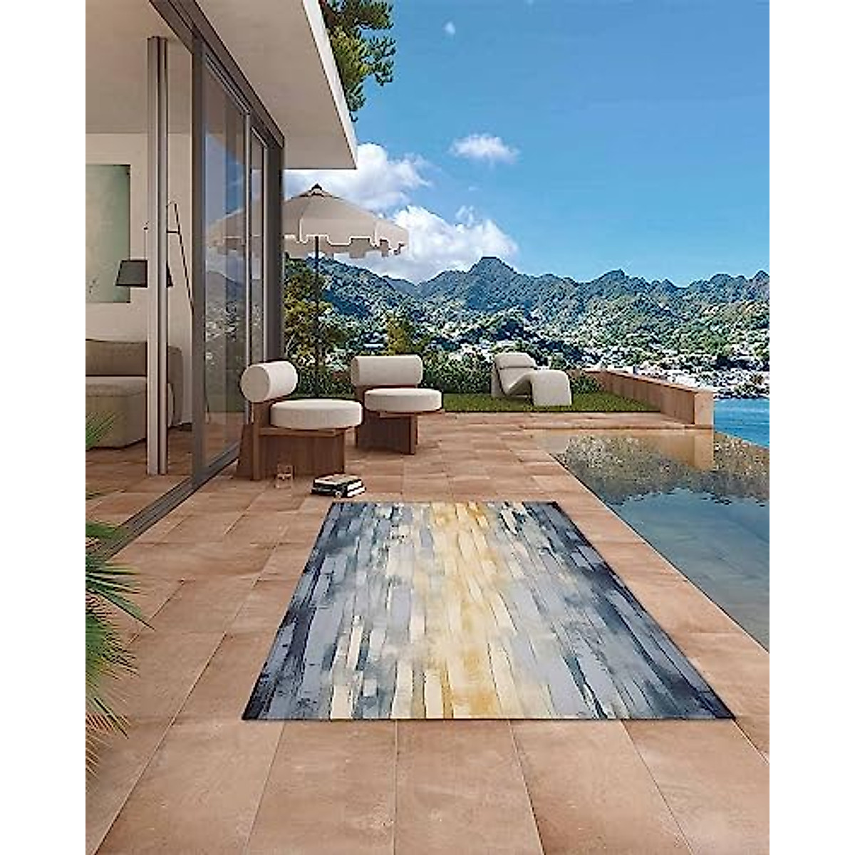 Yellow Painting Outdoor Rugs for 4'x6' Patios Clearance, RV Camping Mat Rug Portable Outside Rug Indoor Outdoor Area Rug Mat for Beach Deck Pool Contemporary Abstract Navy Blue Art