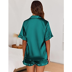 Ekouaer Womens Satin Pajamas Set Button Down Silk 2 Piece Pj Sets Ruffle Short Sleeve Sleepwear,Blue Green,L