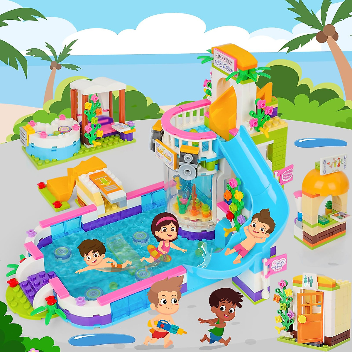 1274 Pieces Friends Tree House Summer Pool Party Building Kit, Friends Treehouse Swimming Pool Building Set with Storage Box, Creative Building Blocks Toy Birthday Gifts for Kids Girls Aged 6-12