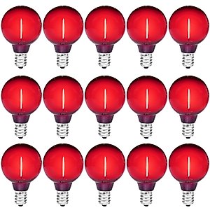 GUILEDUO 15 Pack G40 Red Light Bulb LED Christmas Replacement Bulbs, 1 Watt E12/C7 Candelabra Base Globe Light Bulbs for Outdoor String Lights, Shatterproof Plastic Clear Night Light Bulbs, 120 Volt