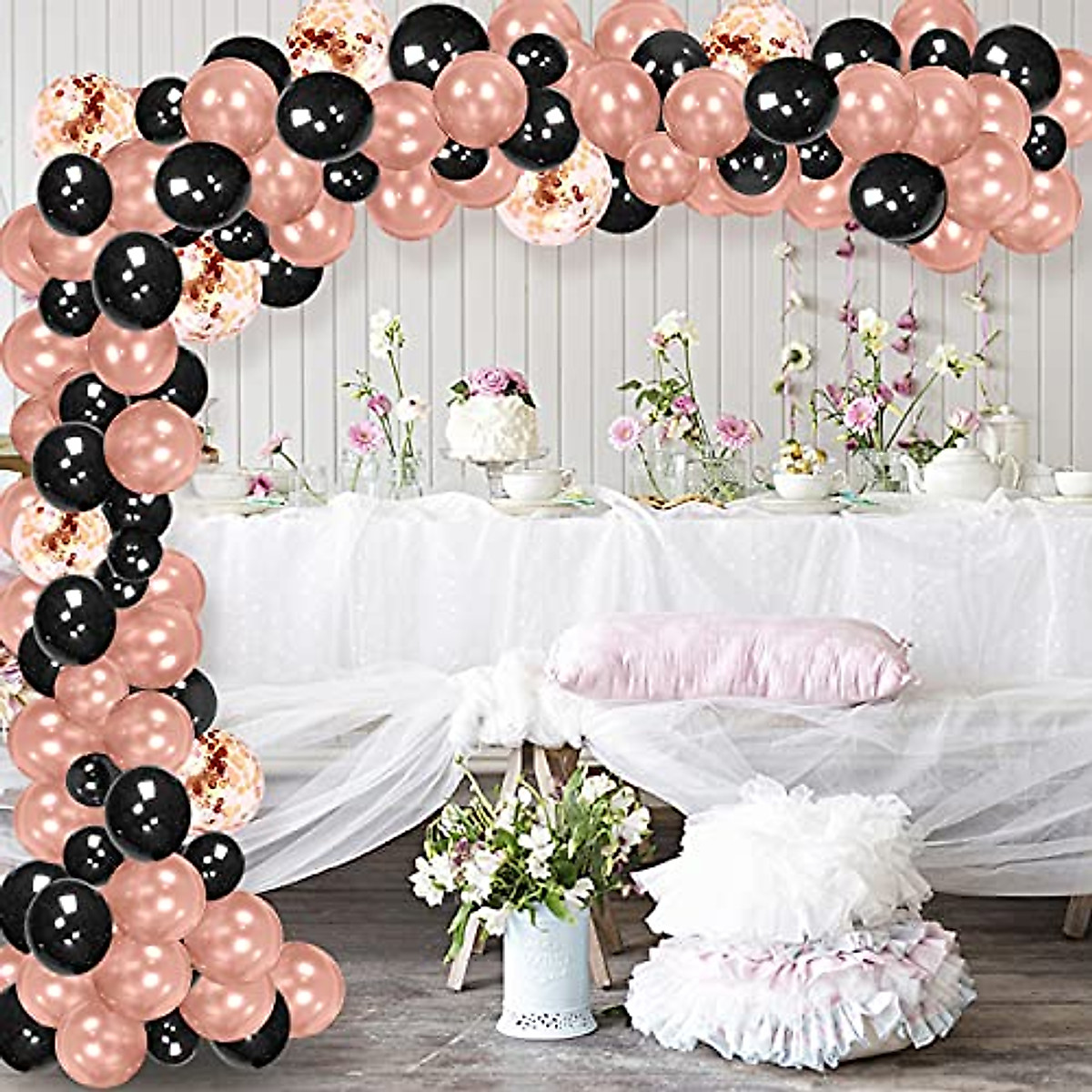 Black Rose Gold Balloons Garland Arch Kit, 112Pcs Rose Gold Black Confetti Latex Balloon Party Decorations for Birthday Bridal Wedding Shower Graduation Retirement Decor