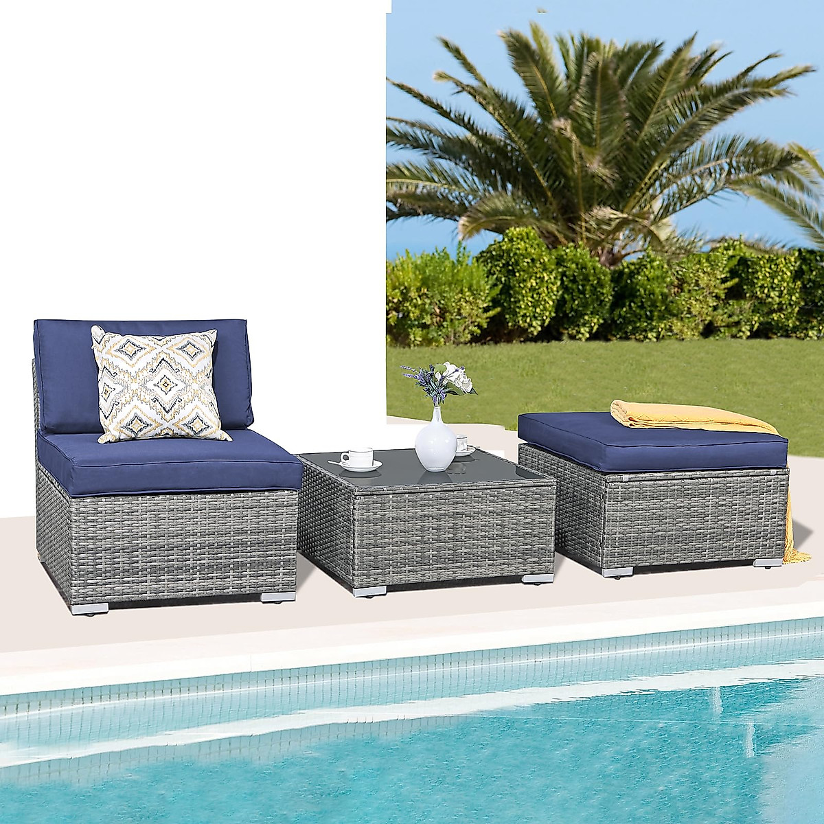 Patiorama 3-Piece Patio Furniture Set, Outdoor Sectional Sofa, All-Weather Grey PE Wicker Rattan Conversation Set, Outdoor Couch Loveseat Sofa w/Coffee Table for Deck Balcony Pool(Navy Blue Cushion)
