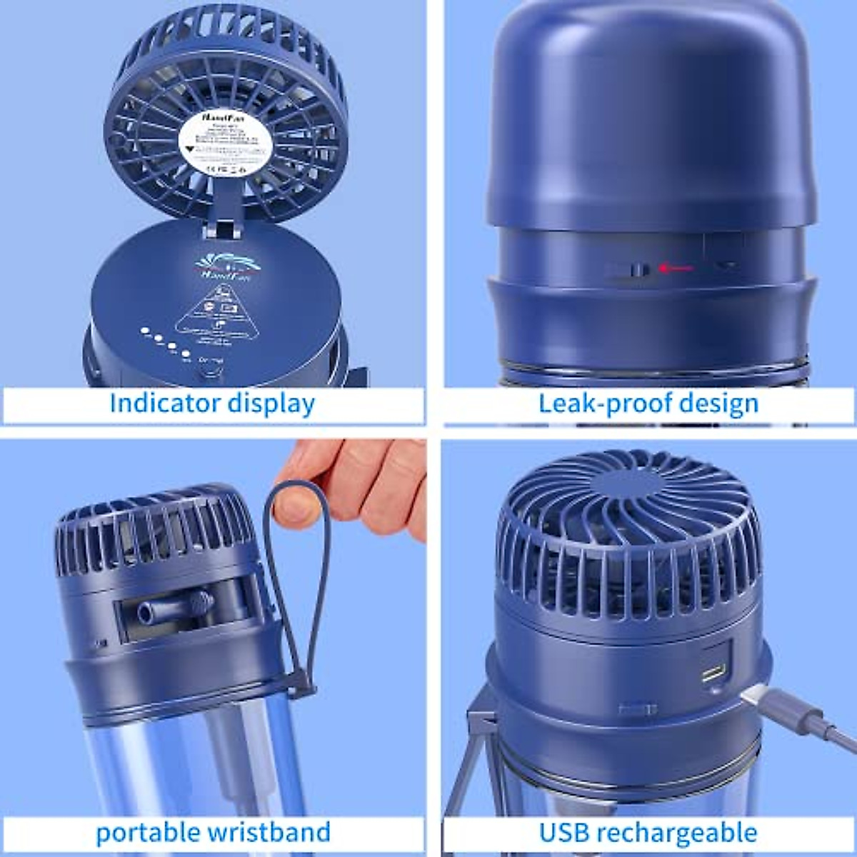 HandFan Bottle - 20 oz, 2 Lids (Straw Lids), Leak Proof - Fitness Water Bottles and Flasks with Cooling Handheld Fan for Men, Women and Children - Valentine's Day Gift for Men or Women - Blue