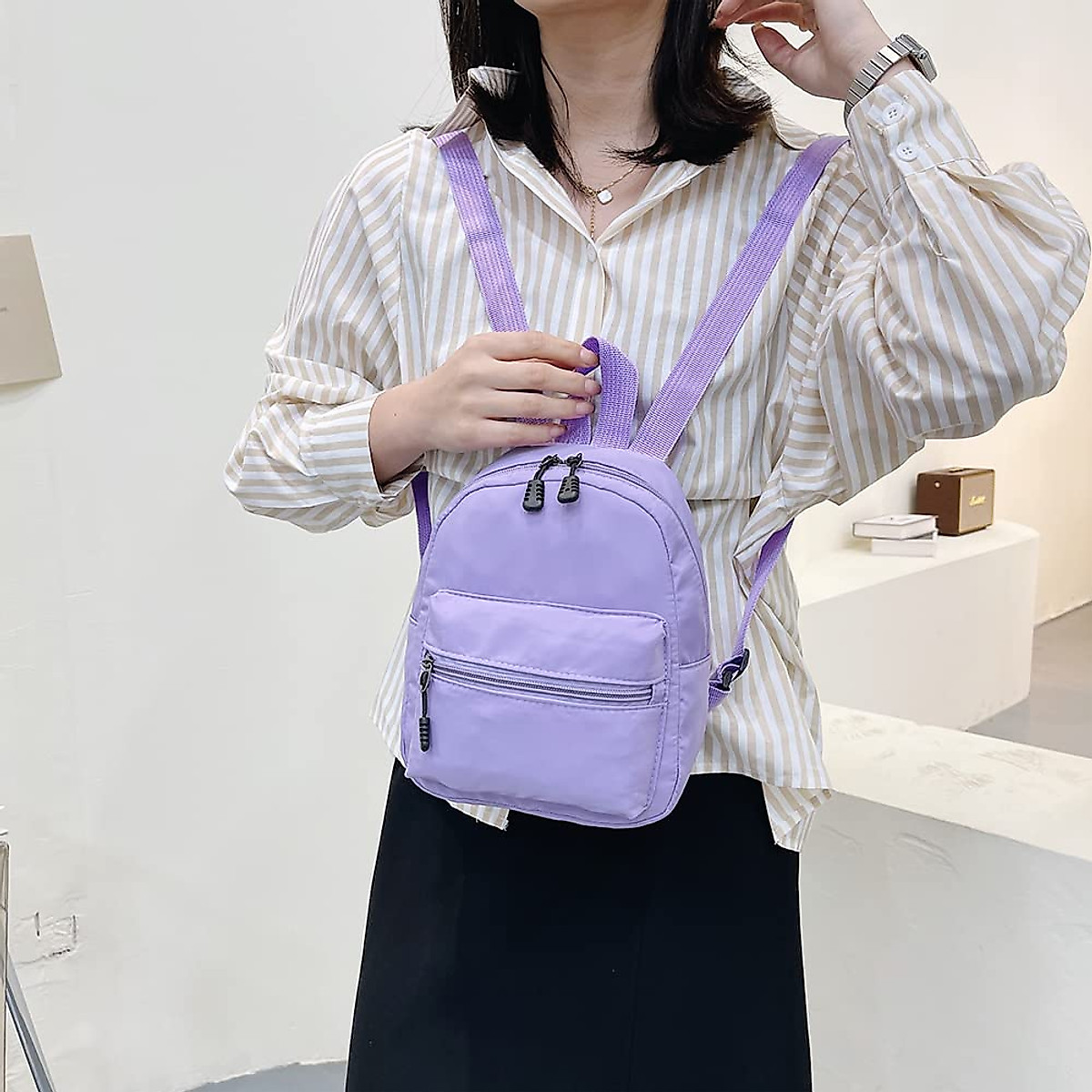 LAKEDREAM Casual Nylon Women Mini Backpack Fashion Solid Color Preppy Style Female Small Travel Knapsack Rucksacks (Style A Purple)