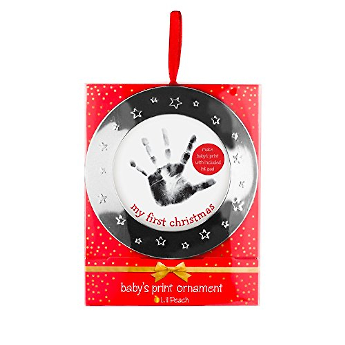 Lil Peach My First Christmas Baby’s Print Ornament, Newborn Handprint Or Footprint Making Kit, Baby Holiday Christmas Tree Keepsake Ornament, Included No-Mess Clean Touch Ink Pad, Silver Stars