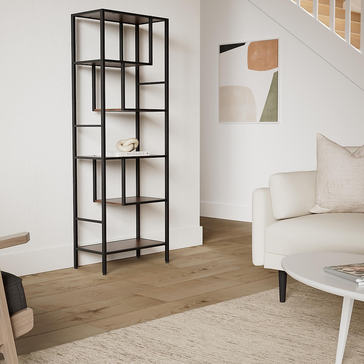 LINSY Home 5-Tier Bookshelf and Bookcase, 63" Tall Freestanding Bookcase, Storage Shelves for Library, Bedroom, Living Room, Home Office, White Oak