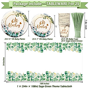 Guudmua 217 Pcs Sage Green Baby Shower Decorations, Neutral Baby Shower Decor Supplies- Disposable Dinnerware Set With Eucalyptus Leaf (25 Guest), "OH BABY" Banner, Balloon, Sash, Cake Topper