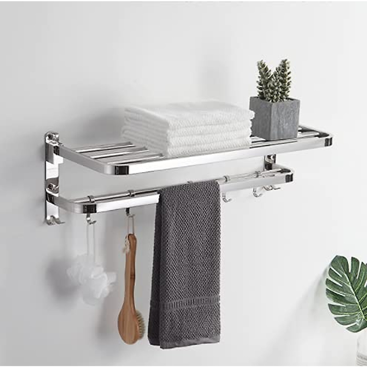 NAAKABE Bathroom Foldable Towel Rack,SUS 304 Stainless Steel Wall Mounted Towel Shelf wih No Drill, 6 Removable Hooks and Adjustable Towel Bar, Double Towel Bar Holder