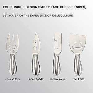 JUBECO The Smiling Face Cheese Knives Set.4 Pieces Stainless Steel Cheese Slicer Cheese Cutter with Wood Bamboo Magnetic Block Stand.