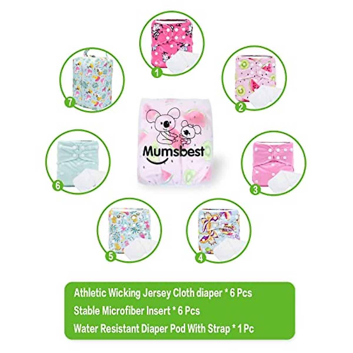 Mumsbest Cloth Diaper for Baby Girls with Tummy Panel, 6 Pack Reusable Adjustable Washable AWJ Lining Pocket Nappy with 6 Inserts & 1 Diaper Wet Bag (Girl)