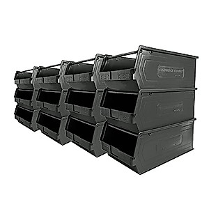 12 Pack Small Storage Bin, Wall Mount Storage, Hanging and Stacking Bin, Freestanding | 20” x 12” x 8” Plastic Container | Black | Zeus 4PLZ06 StorageCompat