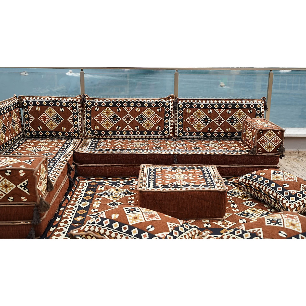 Brown Livingroom Cushions, 8" Thickness Corner Floor Seating Set, L Shaped Floor Couch, Sectional Sofa Set, Floor Pillows, Arabic Majlis, Sofa Bed (L Sofa Full Set)