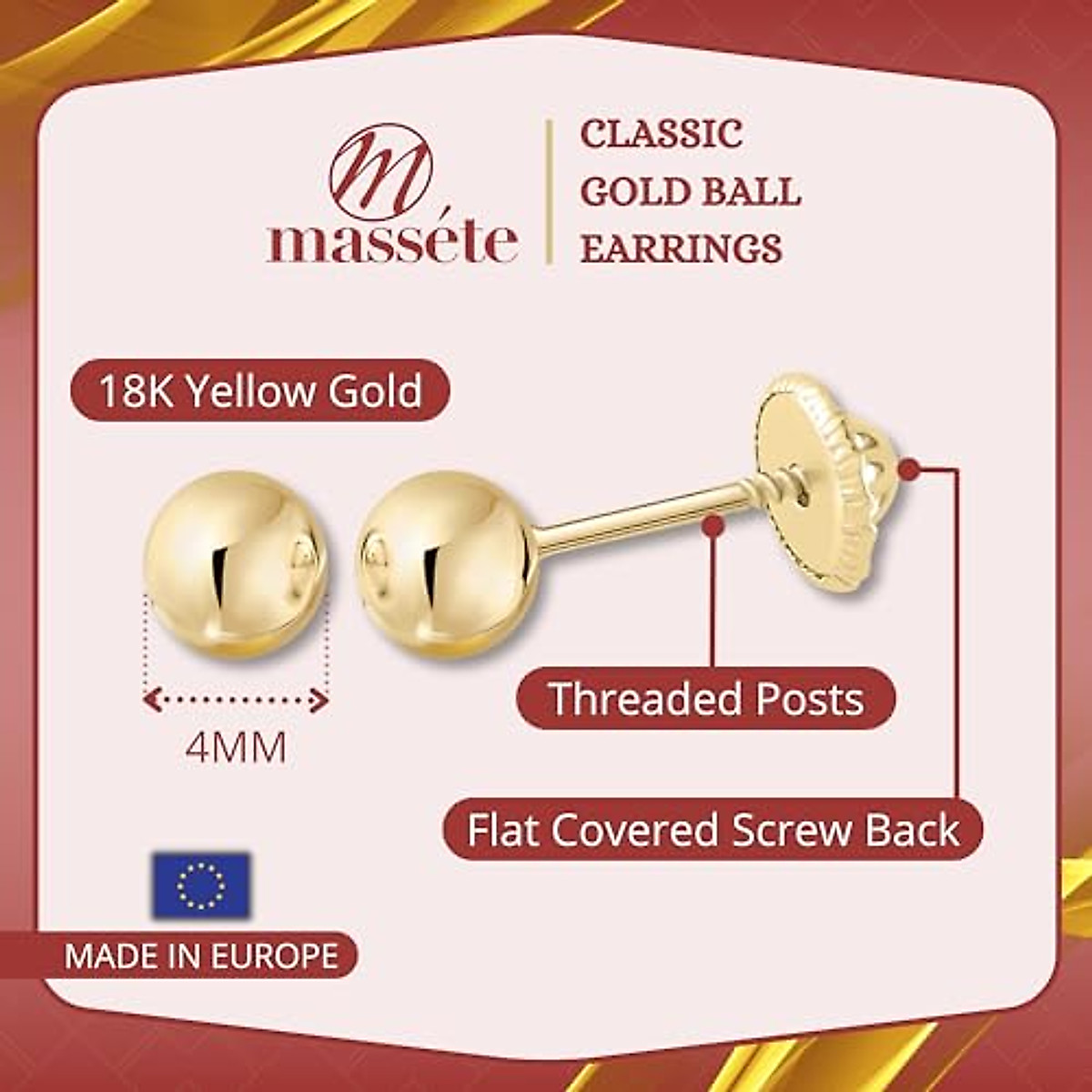 MASSETE Gold Ball Stud Earrings for Women and Girls Screwback | 10k, 14k, 18k | White Yellow or Rose Gold | 3mm 4mm 5mm | Nickel Free