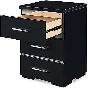 Finch Belmont Fully Assembled Nightstand Modern Mirrored Accent, Bedside End Table with Silver Handles, 3-Drawer, Black
