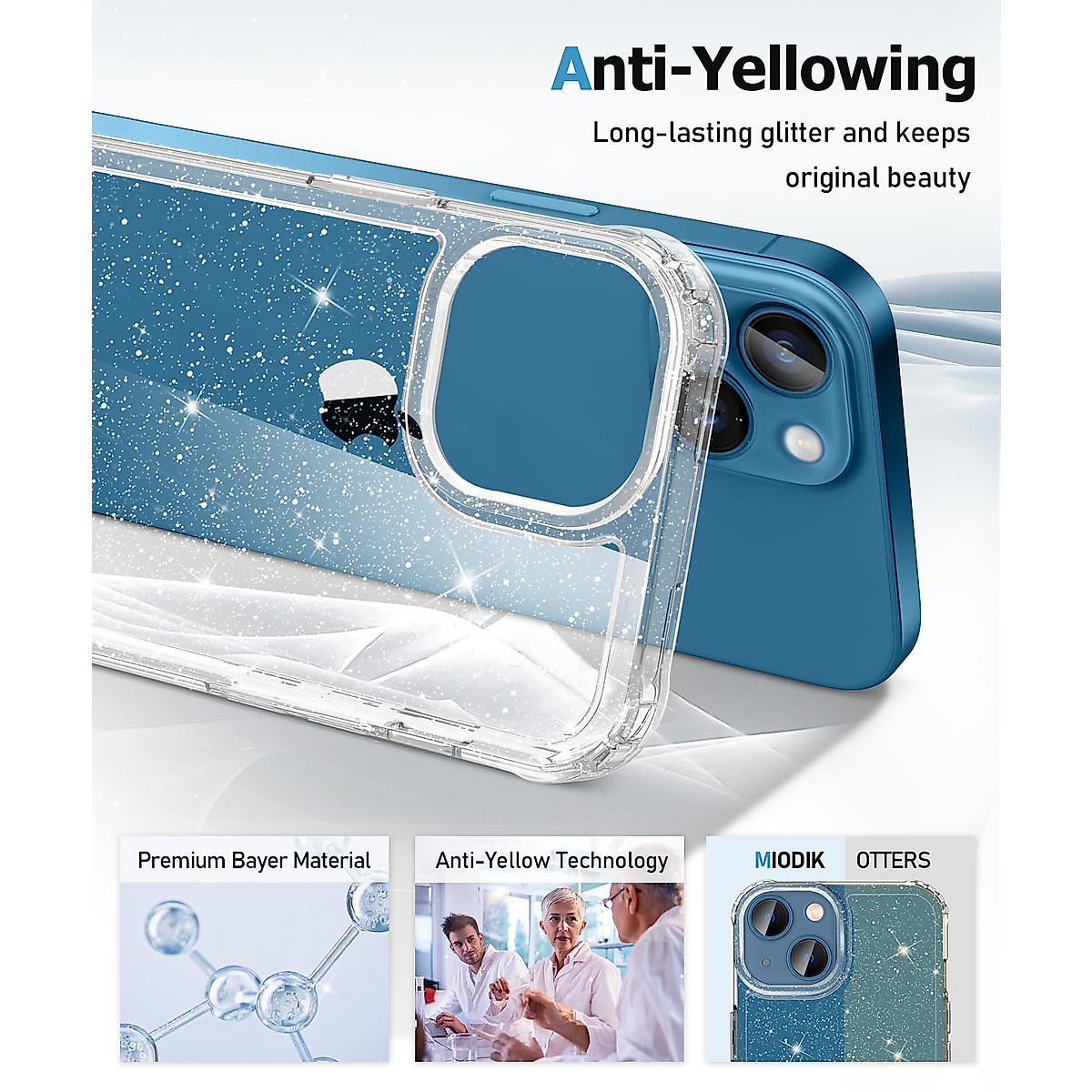 MIODIK for iPhone 13 Case with Screen Protector + Camera Lens Protector, Clear Glitter [Non Yellowing] Shockproof Protective Phone Case, Slim Women Girls iPhone 13 Cover 6.1 inch - Sparkle Clear