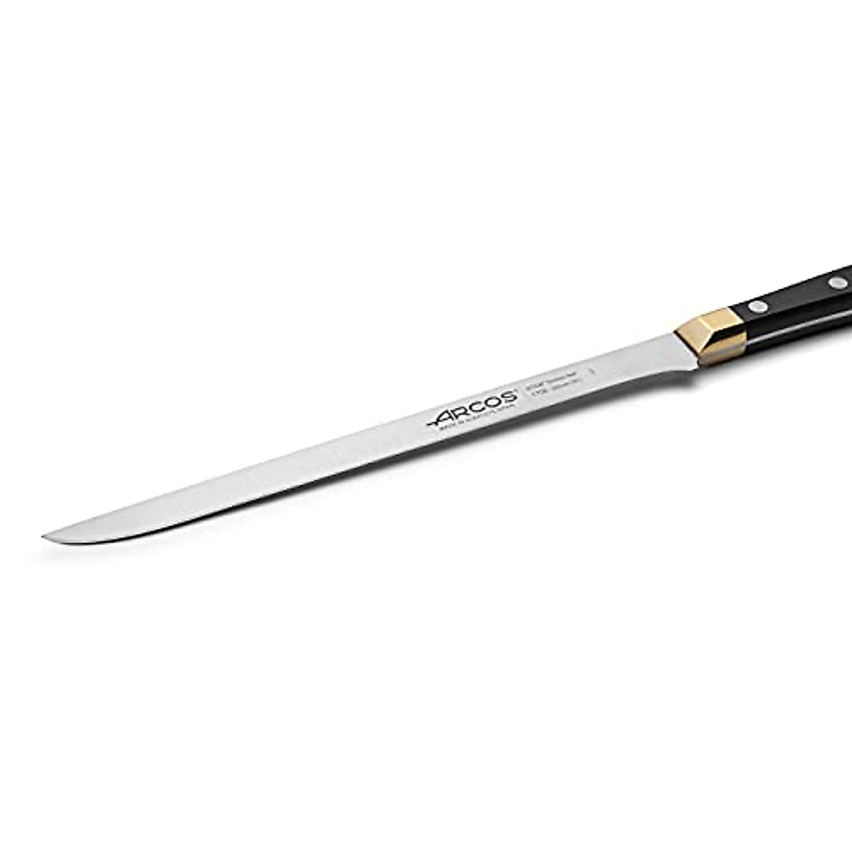 ARCOS Carving Knife 10 Inch Stainless Steel. Ham Slicer Knife for Cutting Ham and Meat. Ergonomic Polyoxymethylene Handle and 250mm Blade. Series Regia. Color Black/Gold