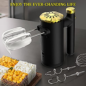 Hand Mixer Electric, 500W Power Handheld Mixer with Continuously Variable Speed Control + Eject Button + 5 Stainless Steel Accessories Kitchen Mixer for Easy Whipping, Baking, Cake (Black + Gold)