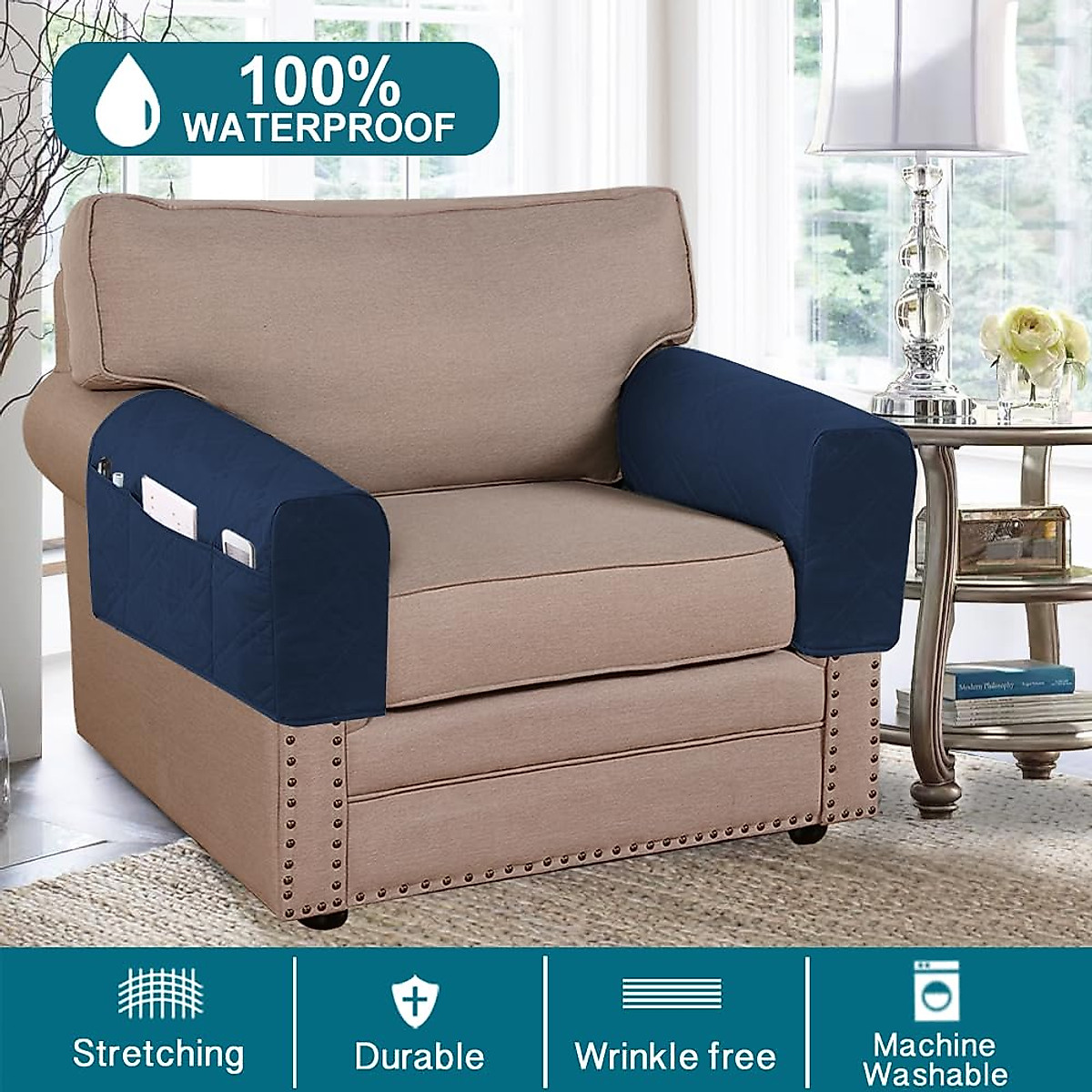 Turquoize Waterproof Armrest Covers for Chairs and Sofas Armrest Covers Couch Arm Covers for Sofa With Side Pocket Anti-Slip Furniture Protector Washable Armrest Slipcovers Set of 2, Navy