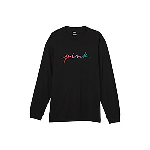 Victoria's Secret Pink Campus Long Sleeve Crew Neck Glitter Shine Tee Color Black New (Medium)