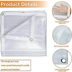 Tubtoken Clear PVC Tarpaulins 8 x 10 FT,20 Mil Heavy Duty Waterproof Wind-Proof Transparent Vinyl Tarp for Patio Pergola Garden Canopy Rainproof Anti-Tear PVC Thick Cover with Grommets(8 x 10 FT)
