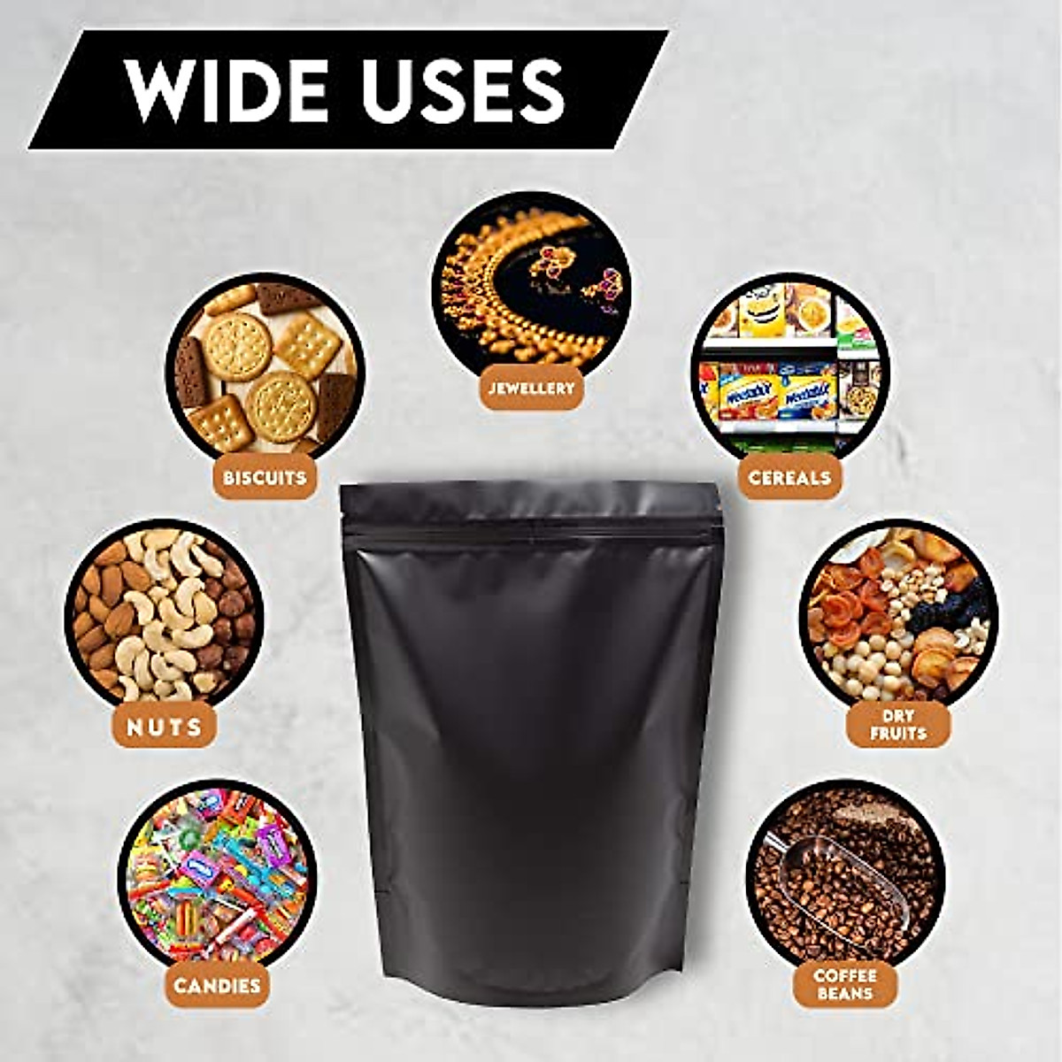 SPACE SEAL Matte Black Aluminum Mylar Bags (6.3x8.6 In - 100 Pcs), Reusable, Aluminum Sealing, Zipper Closure, Smell Proof, UV Protection, Food Storage