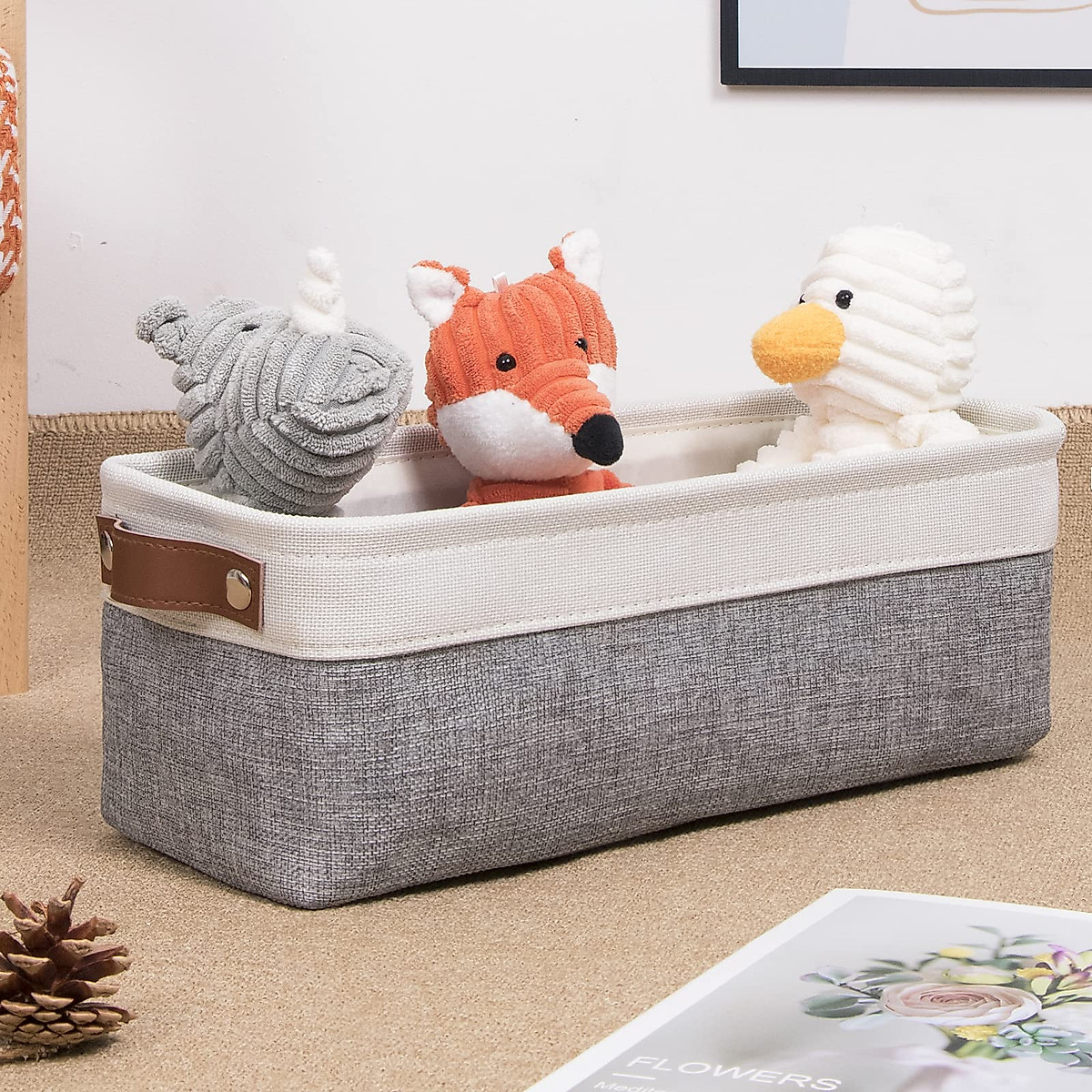 DULLEMELO Fabric Bathroom Storage Bin with Leather Handles, Narrow Organizer for Towels, Toilet Paper Rolls, Storage Basket for Back of Toilet, Vanities, Shelves & Cabinets (White&Gray)