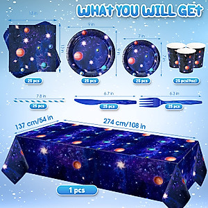 176 Pcs Space Party Decorations Supplies Galaxy Party Tableware Set, Space Themed Party Supplies Plates Napkins Cups Knives Straws Forks Spoons Sets Tablecloth for Boy Girl