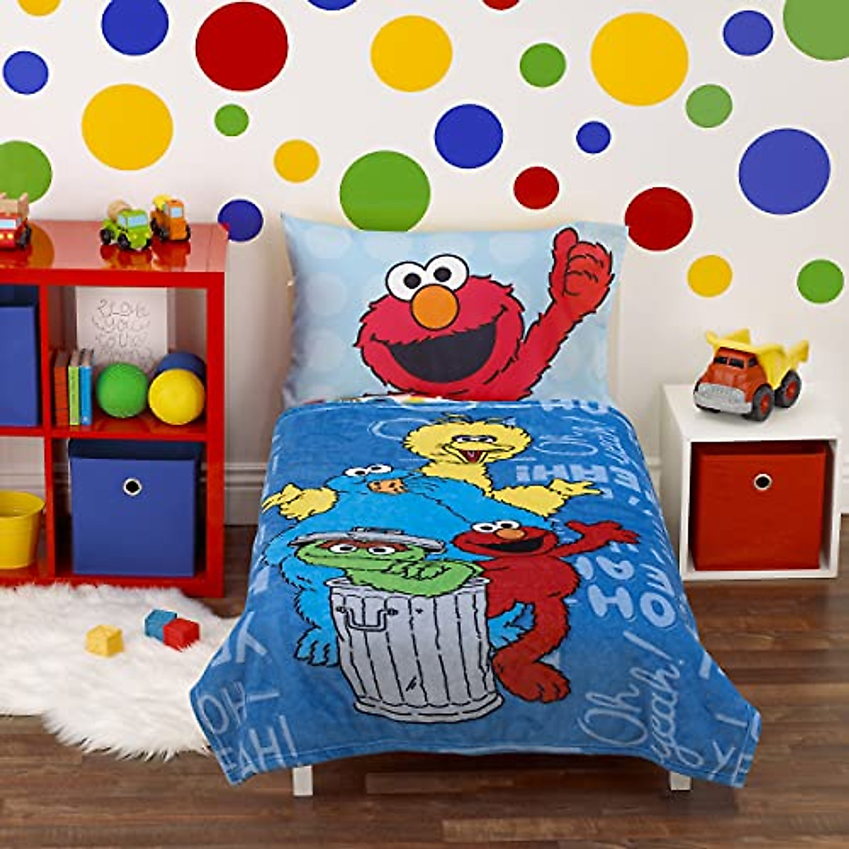 SESAME STREET Elmo, Big Bird, Cookie Monster, and Oscar The Grouch Blue, Red, Green, and Yellow Super Soft Toddler Blanket