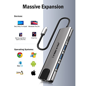 Lemorele USB C Hub Multiport Adapter 9 in 1 w/Gigabit Ethernet, 100W PD, HDMI 4K, 3 USB 2.0, 5Gbps USB C Data Port, SD/TF Card Reader, Dongle Docking Station for MacBook Lenovo HP Dell Laptops